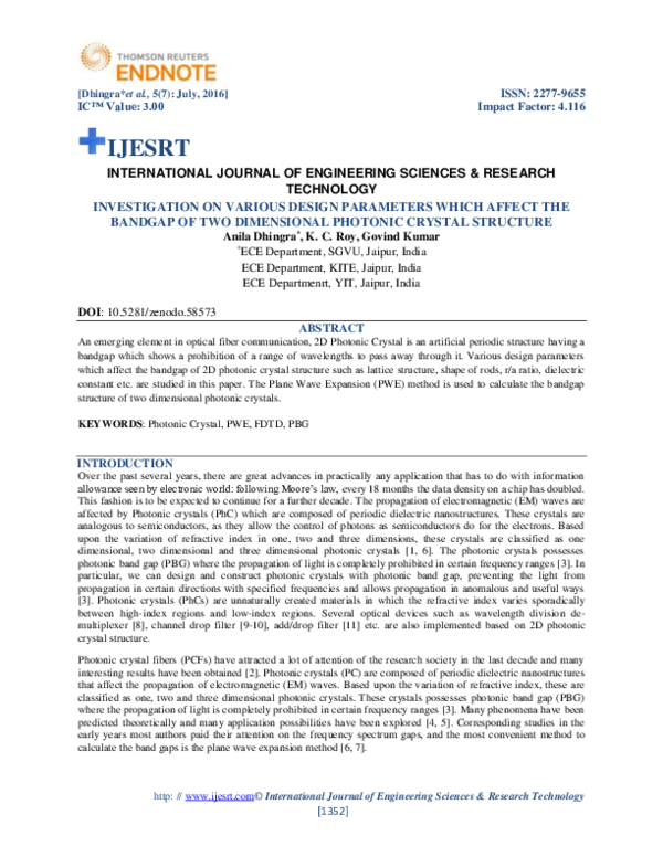 (PDF) INVESTIGATION ON VARIOUS DESIGN PARAMETERS WHICH AFFECT THE BANDGAP OF TWO DIMENSIONAL ...