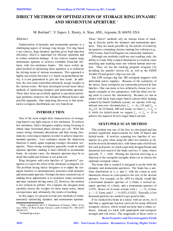 (PDF) Direct Methods of Optimization of Storage Ring Dynamic and Momentum Aperture