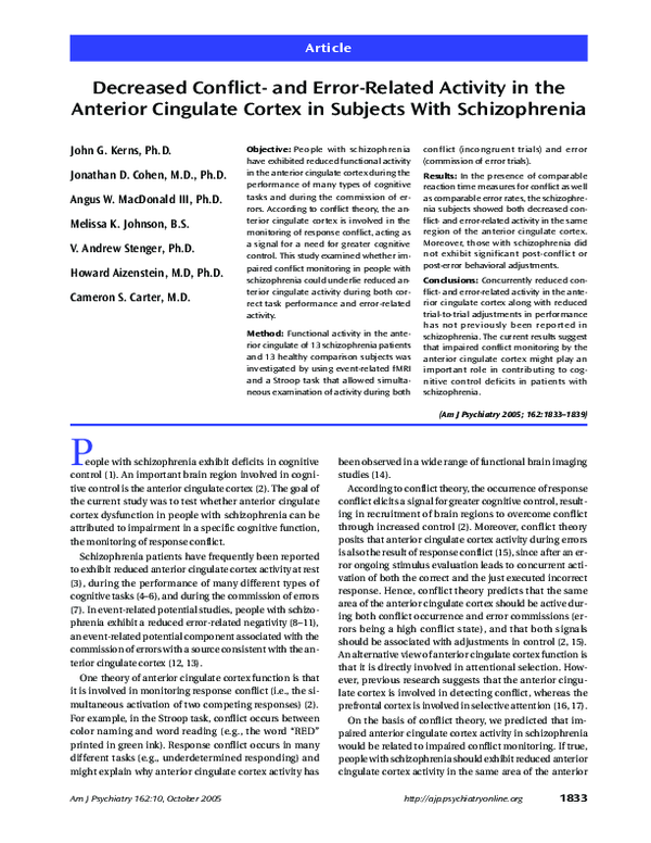 (PDF) Anterior Cingulate Cortex Activation During Cognitive Interference in Schizophrenia ...