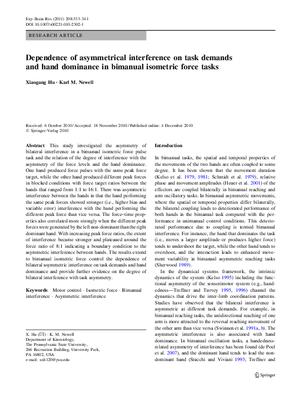 (PDF) Dependence of asymmetrical interference on task demands and hand dominance in bimanual ...