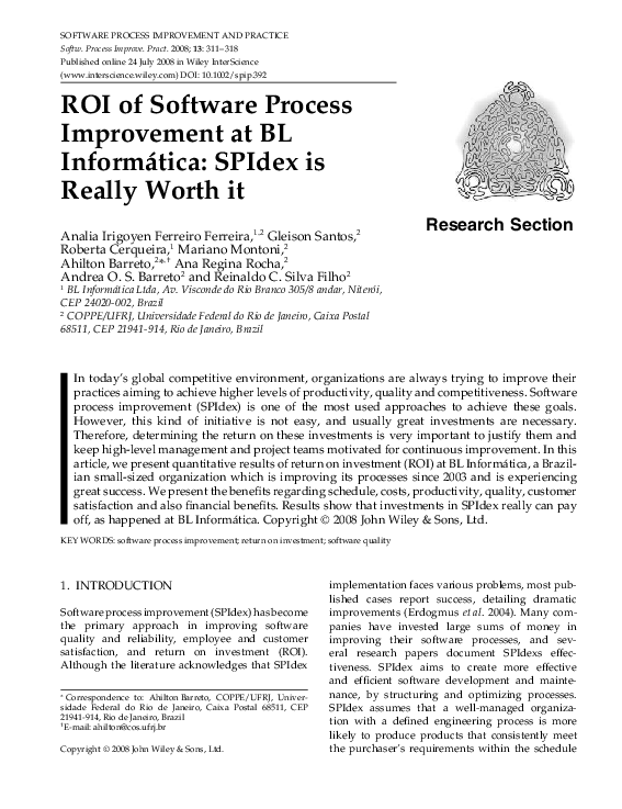 (PDF) ROI of software process improvement at BL informática: SPIdex is ...
