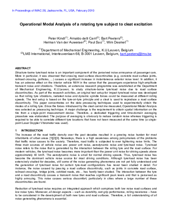Pdf Operational Modal Analysis Of A Rotating Tyre Subject To Cleat Excitation