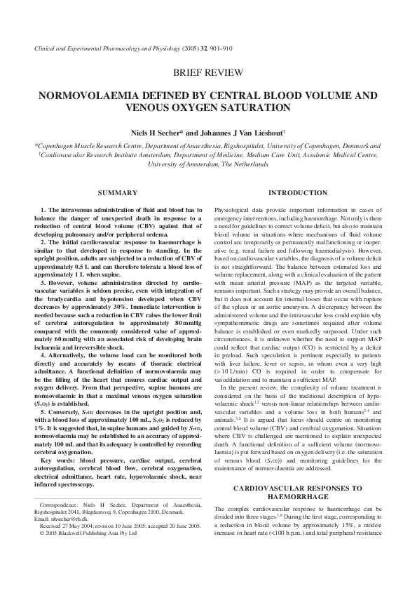 (PDF) Normovolaemia defined by central blood volume and venous oxygen ...