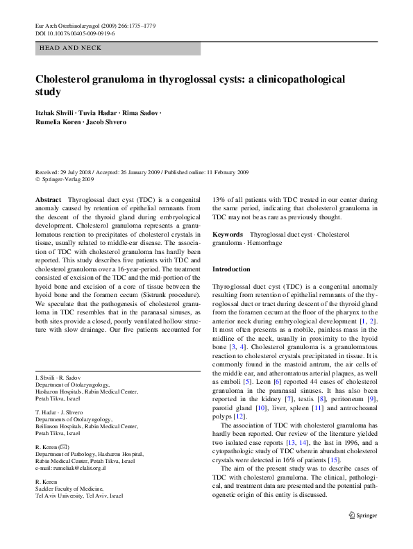 (PDF) Cholesterol granuloma in thyroglossal cysts: a ...