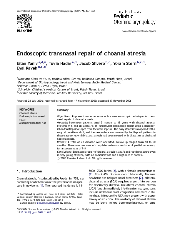 (PDF) Endoscopic transnasal repair of choanal atresia