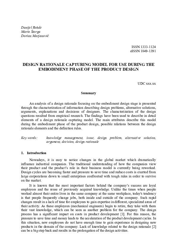 (PDF) Design Rationale Capturing Model for Use during the Embodiment Phase of the Product Design
