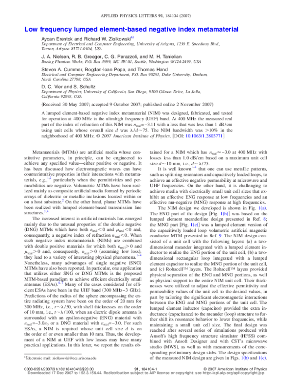 (PDF) Low frequency lumped element-based negative index metamaterial