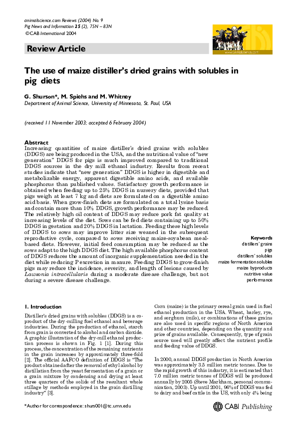 (PDF) The use of maize distiller's dried grains with solubles in pig diets