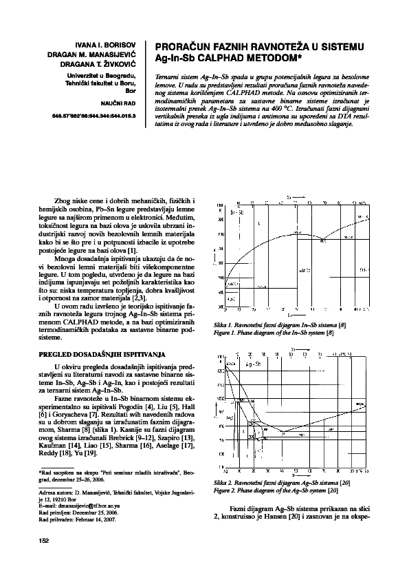 (PDF) Calculation of phase equilibria of the Ag-In-Sb system by the ...
