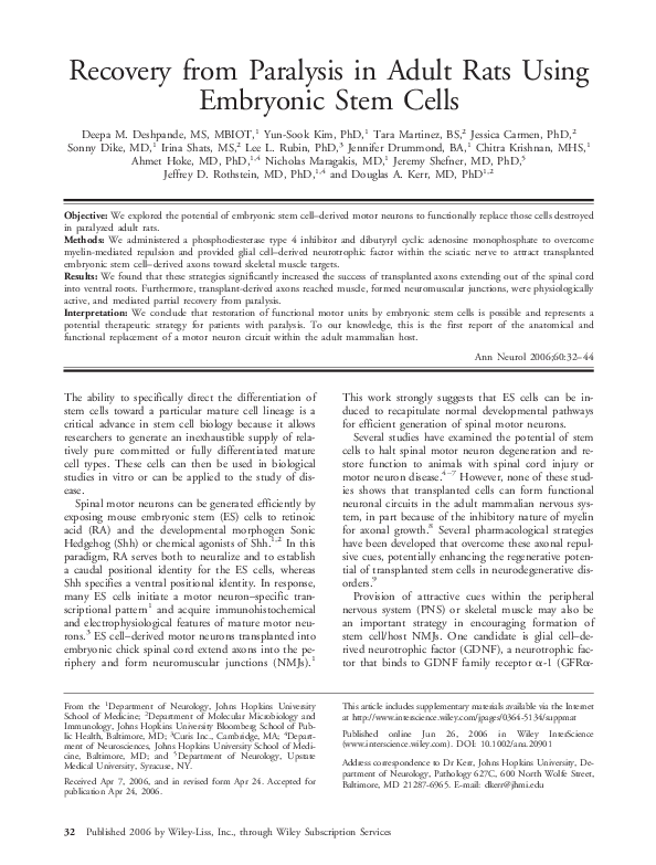 (PDF) Recovery from paralysis in adult rats using embryonic stem cells