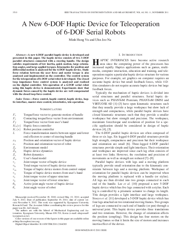 (PDF) A New 6DOF Haptic Device for Teleoperation of 6DOF Serial Robots