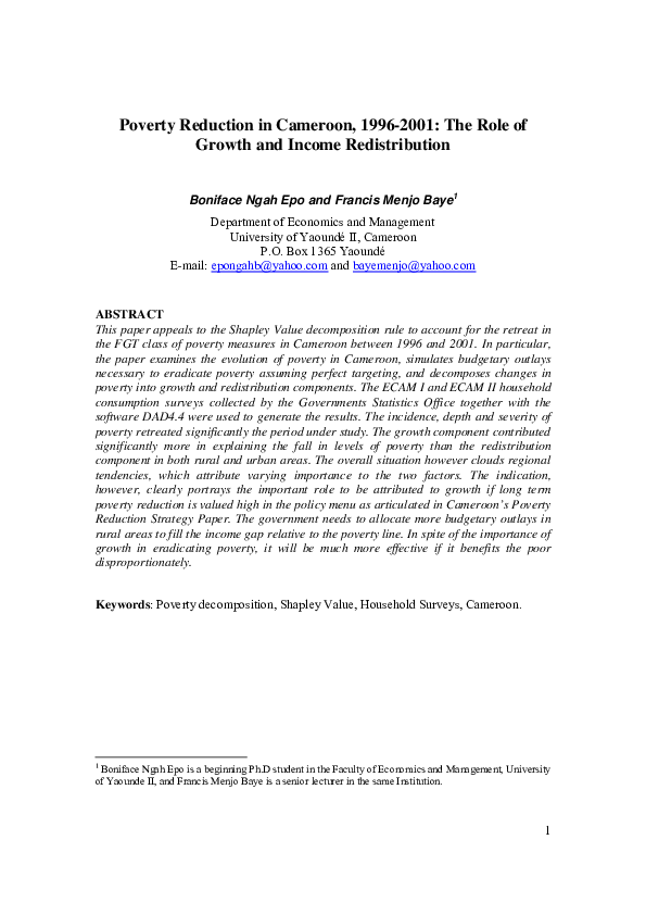 (PDF) Poverty Reduction in Cameroon, 1996-2001: The Role of Growth and ...