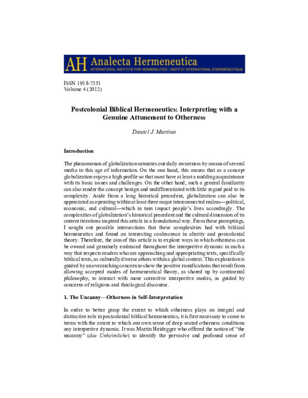 (PDF) Postcolonial Biblical Hermeneutics: Interpreting with a Genuine Attunement to Otherness