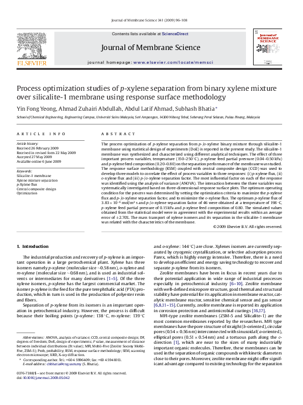 (PDF) Process optimization studies of p-xylene separation from binary xylene mixture over ...