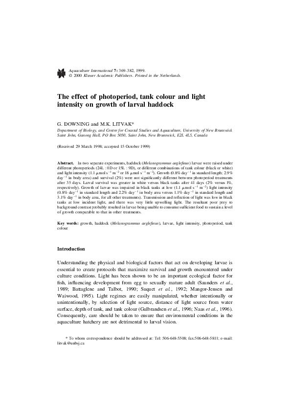 (PDF) The effect of photoperiod, tank colour and light intensity on growth of larval haddock
