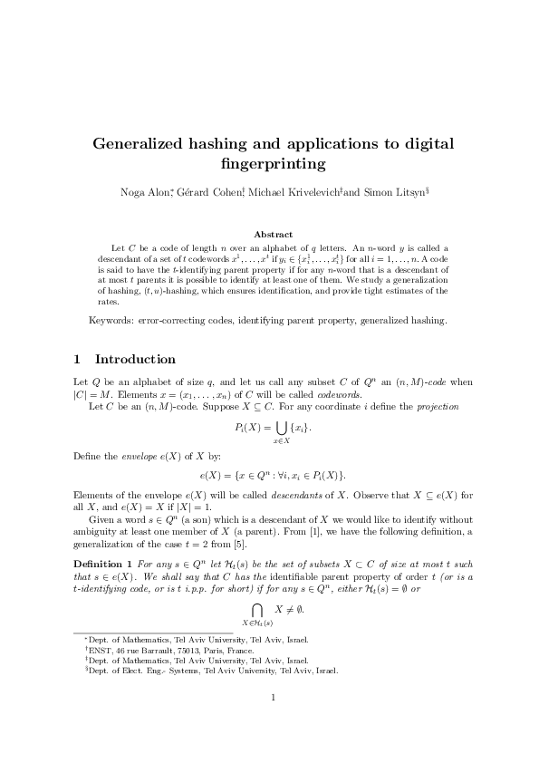 (PDF) Generalized hashing and applications to digital fingerprinting