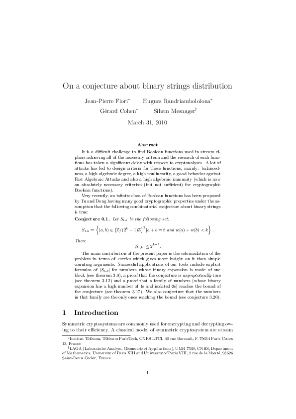 (PDF) On a Conjecture about Binary Strings Distribution