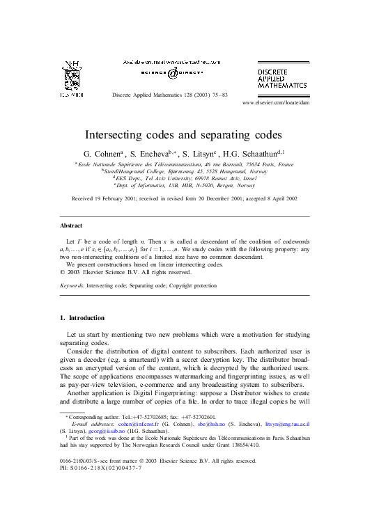 (PDF) Intersecting codes and separating codes