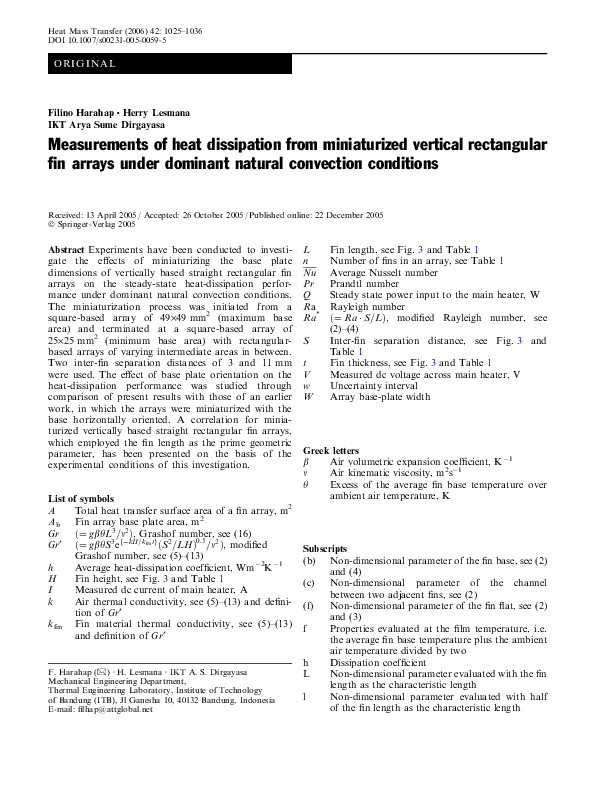 (PDF) Measurements of heat dissipation from miniaturized vertical rectangular fin arrays under ...