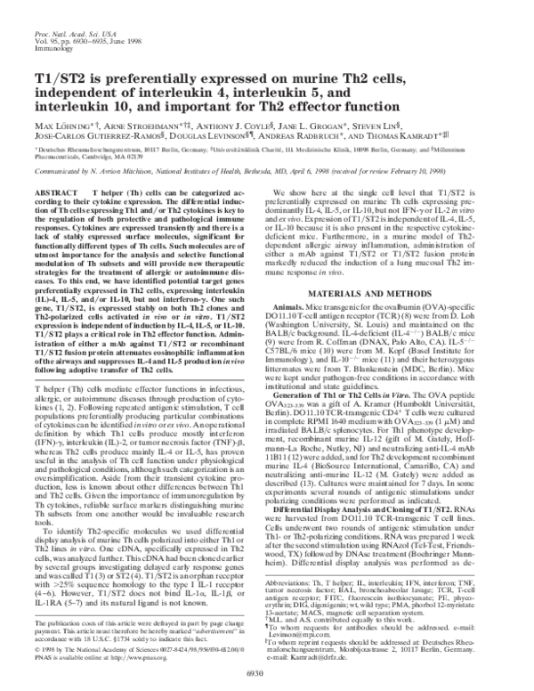 (PDF) T1/ST2 is Preferentially Expressed on Murine Th2 Cells ...