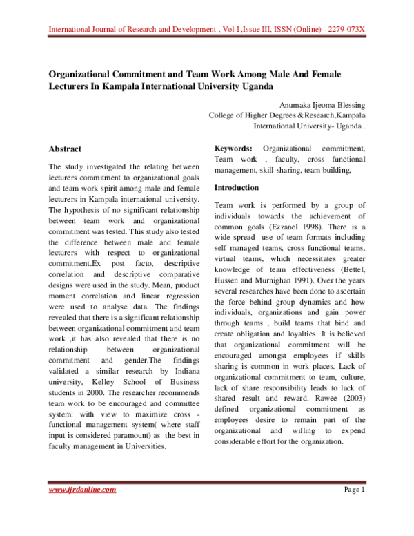 (PDF) Organizational Commitment and Team Work Among Male And Female Lecturers In Kampala ...