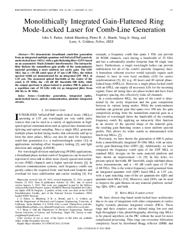 (PDF) Monolithically Integrated Gain-Flattened Ring Mode-Locked Laser for Comb-Line Generation