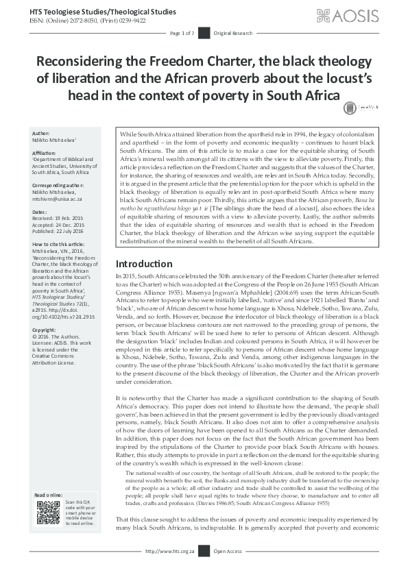 (PDF) Reconsidering the Freedom Charter, the black theology of ...