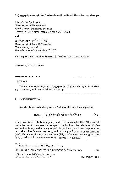 (PDF) A generalization of the cosine-sine functional equation on groups