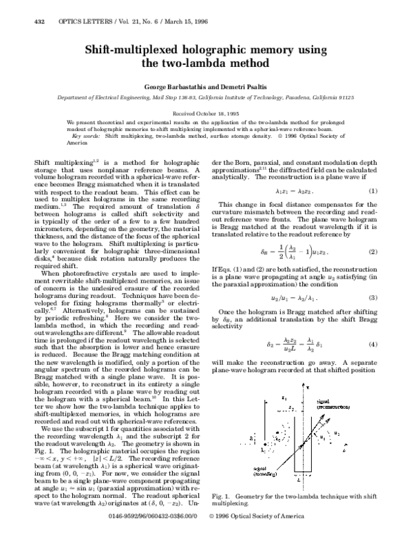 Pdf Shift Multiplexed Holographic Memory Using The Two Lambda Method