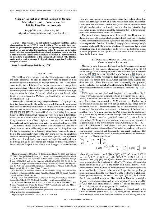 (PDF) Singular Perturbation Based Solution to Optimal Microalgal Growth Problem and Its Infinite ...