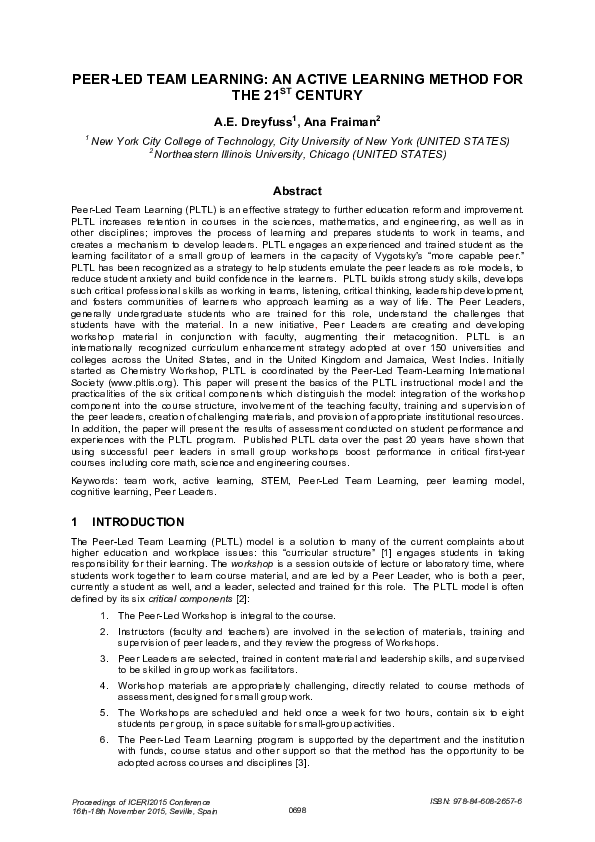 (PDF) PEER-LED TEAM LEARNING: AN ACTIVE LEARNING METHOD FOR THE 21 ST CENTURY