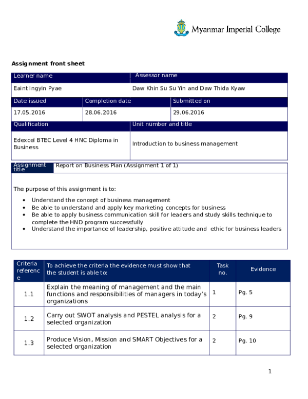 (DOC) Assignment front sheet Learner name Assessor name | Green Lemon - Academia.edu