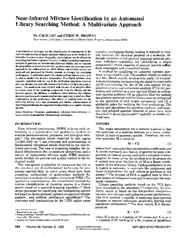 Pdf Near Infrared Mixture Identification By An Automated Library Searching Method A