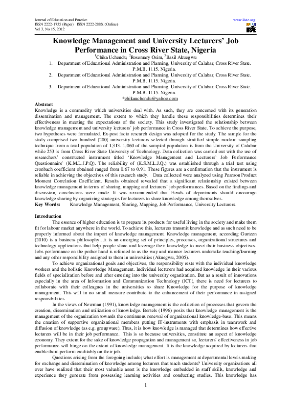 (PDF) Knowledge Management and University Lecturers’ Job Performance in Cross River State, Nigeria