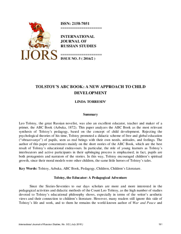 (PDF) TOLSTOY'S ABC BOOK: A NEW APPROACH TO CHILD DEVELOPMENT