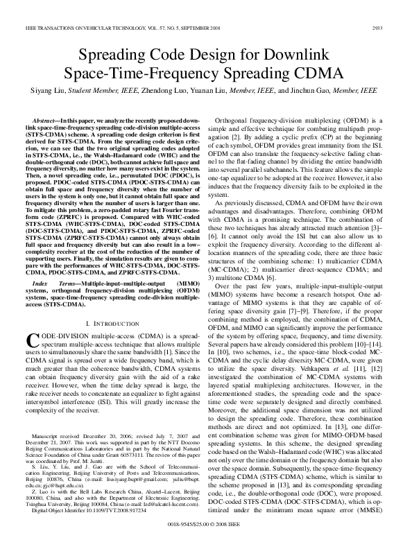 Pdf Spreading Code Design For Downlink Space Time Frequency Spreading Cdma