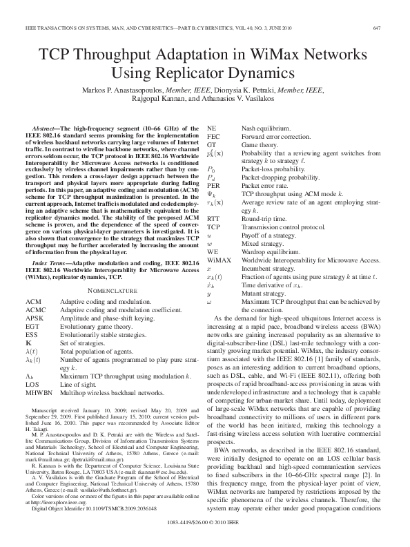 Pdf Tcp Throughput Adaptation In Wimax Networks Using Replicator Dynamics