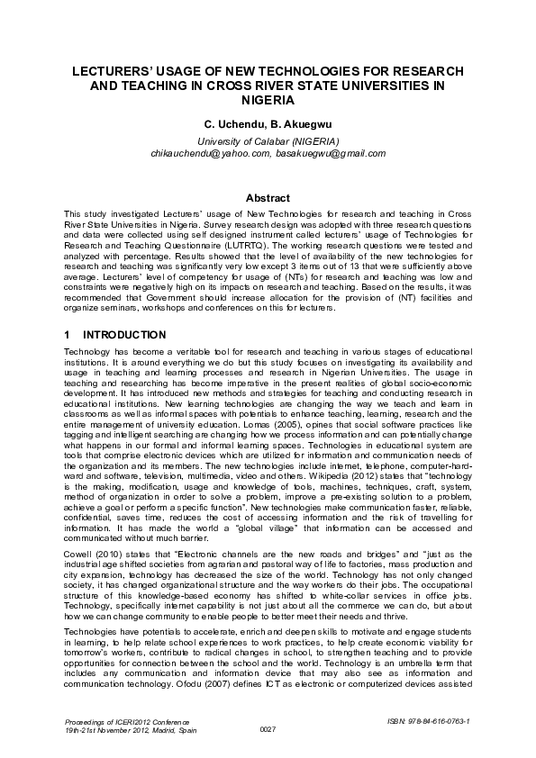 (PDF) LECTURERS' USAGE OF NEW TECHNOLOGIES FOR RESEARCH AND TEACHING IN CROSS RIVER STATE ...