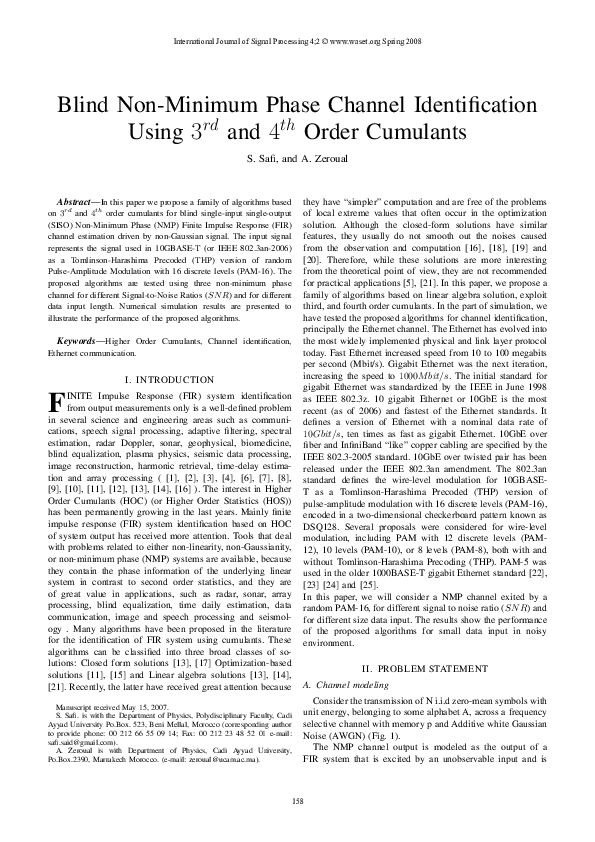 (PDF) Blind Non-Minimum Phase Channel Identification Using 3rd and 4th Order Cumulants