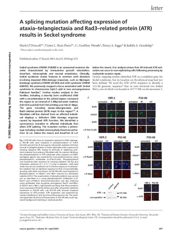 (PDF) A splicing mutation affecting expression of ataxia–telangiectasia and Rad3–related protein ...