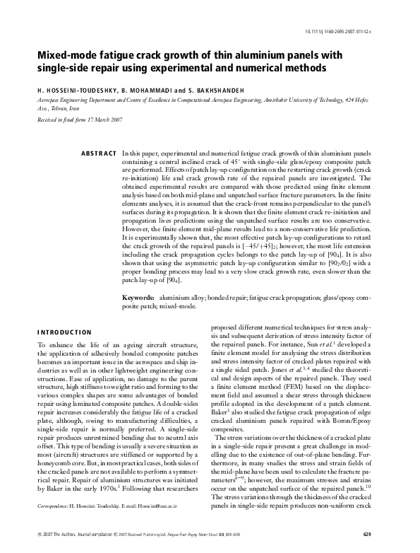 (PDF) Mixed-mode fatigue crack growth of thin aluminium panels with single-side repair using ...