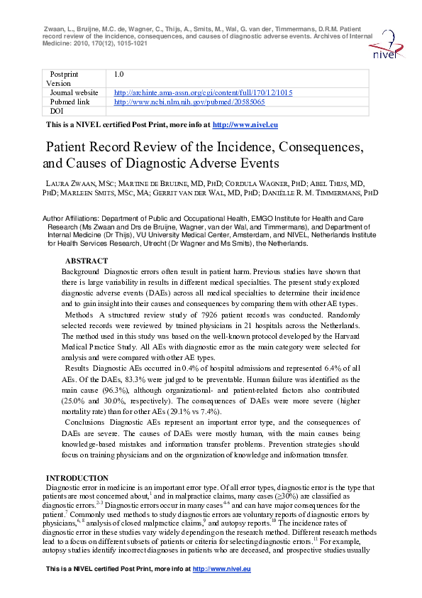 Pdf Patient Record Review Of The Incidence Consequences And Causes Of Diagnostic Adverse Events