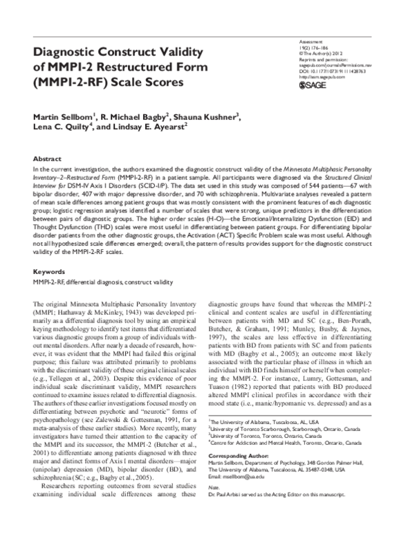 (PDF) Diagnostic construct validity of MMPI-2 Restructured Form (MMPI-2-RF) scale scores