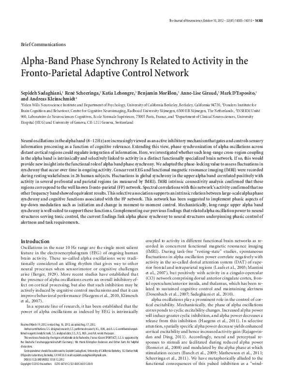 (PDF) Α-Band Phase Synchrony is Related to Activity in the Fronto-Parietal Adaptive Control Network