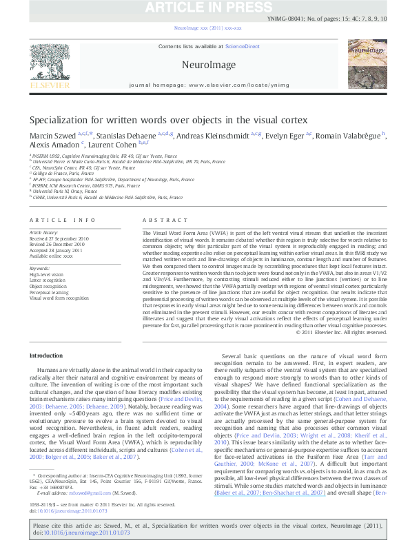 (PDF) Specialization for written words over objects in the visual cortex