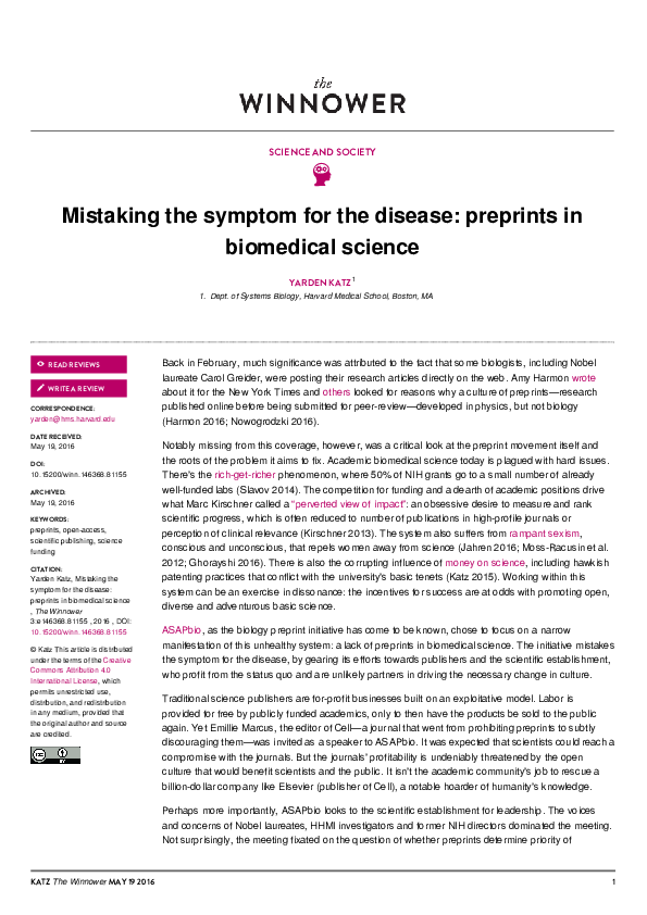 (PDF) Mistaking the symptom for the disease: preprints in biomedical ...