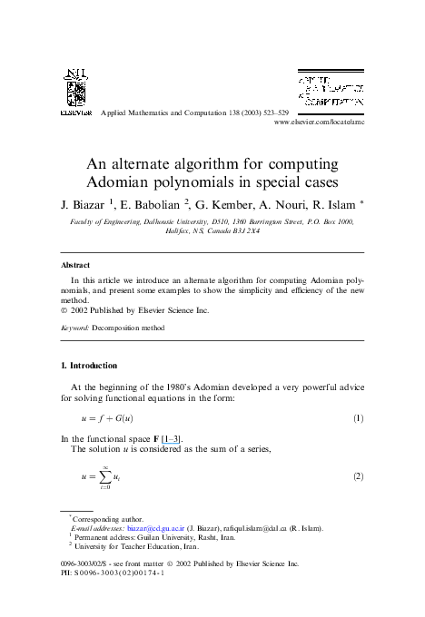 Pdf An Alternate Algorithm For Computing Adomian Polynomials In