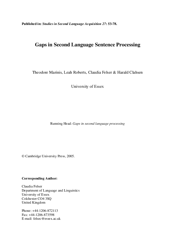 (PDF) Gaps in Second Language Sentence Processing