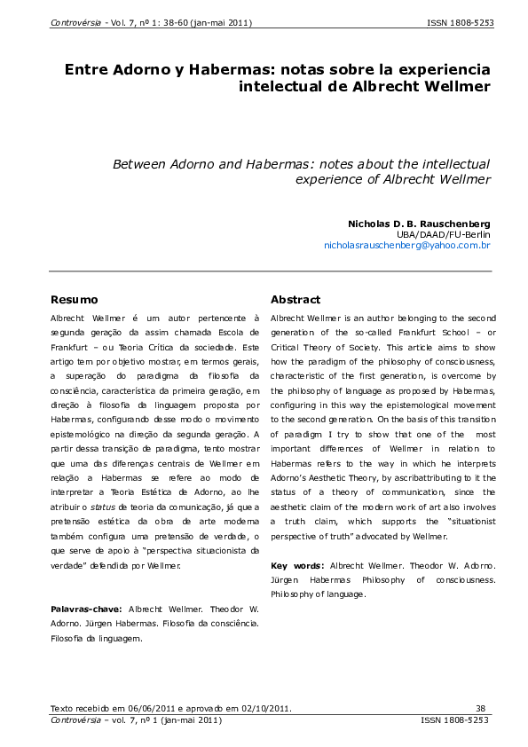 (PDF) Entre Adorno y Habermas: Notas sobre Albrecht Wellmer 2011