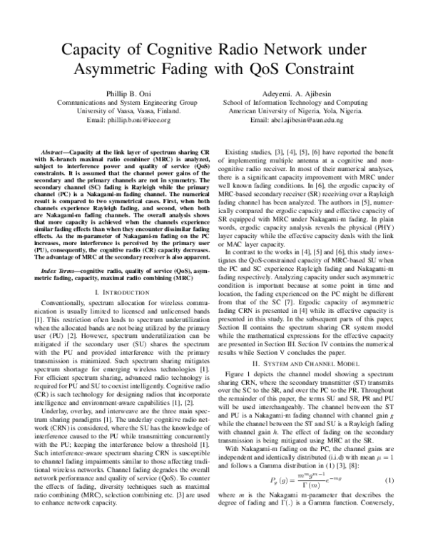 (PDF) Capacity of Cognitive Radio Network under Asymmetric Fading with QoS Constraint